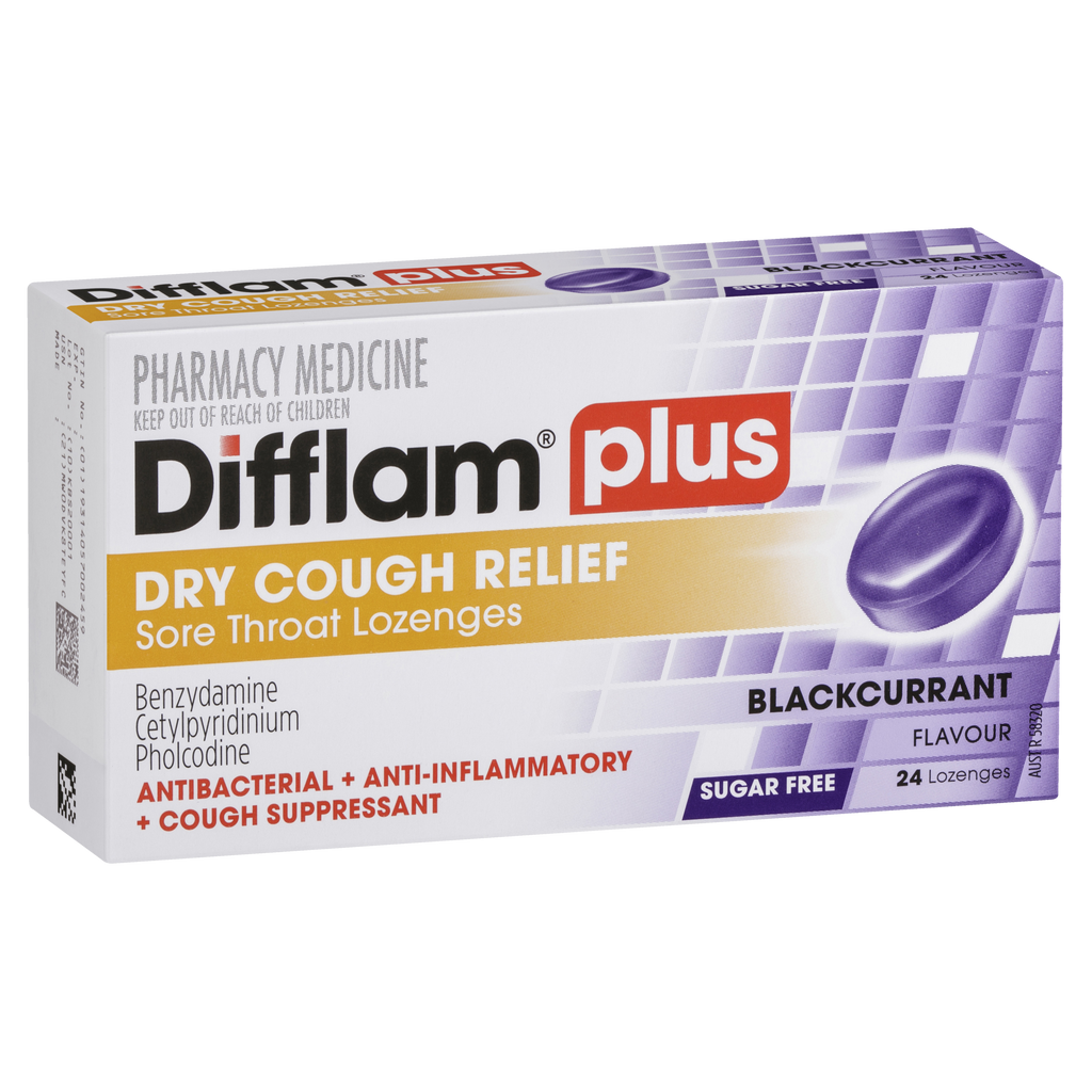 Difflam Plus Dry Cough Relief Sore Throat Lozenges - Blackcurrant Flav ...