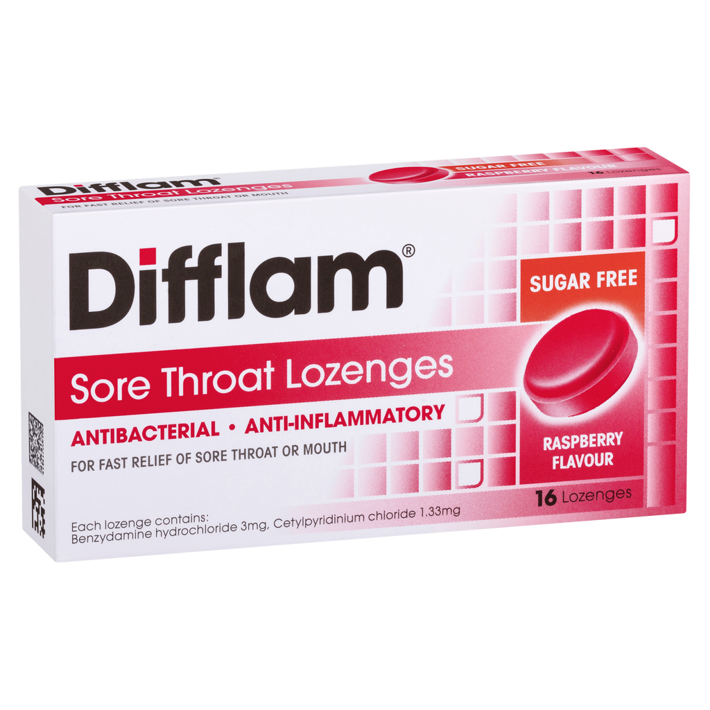 Difflam Sore Throat Lozenges - Raspberry Flavour - Net Pharmacy